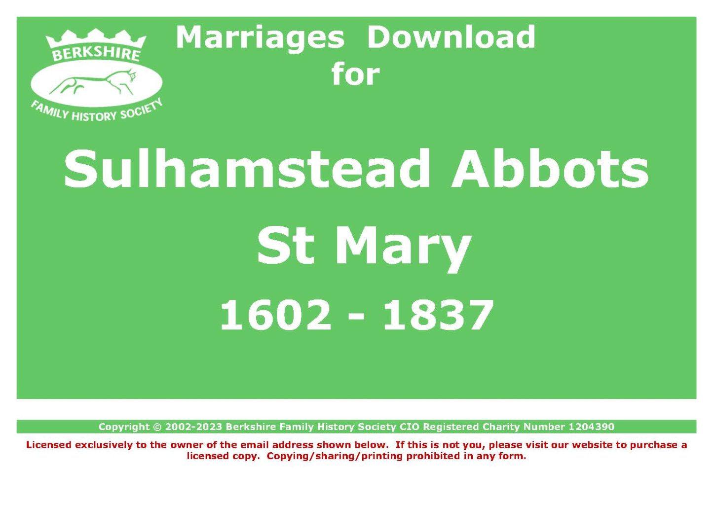 Sulhamstead Abbots St Mary Marriages 1602-1837 (Download) D1391 ...