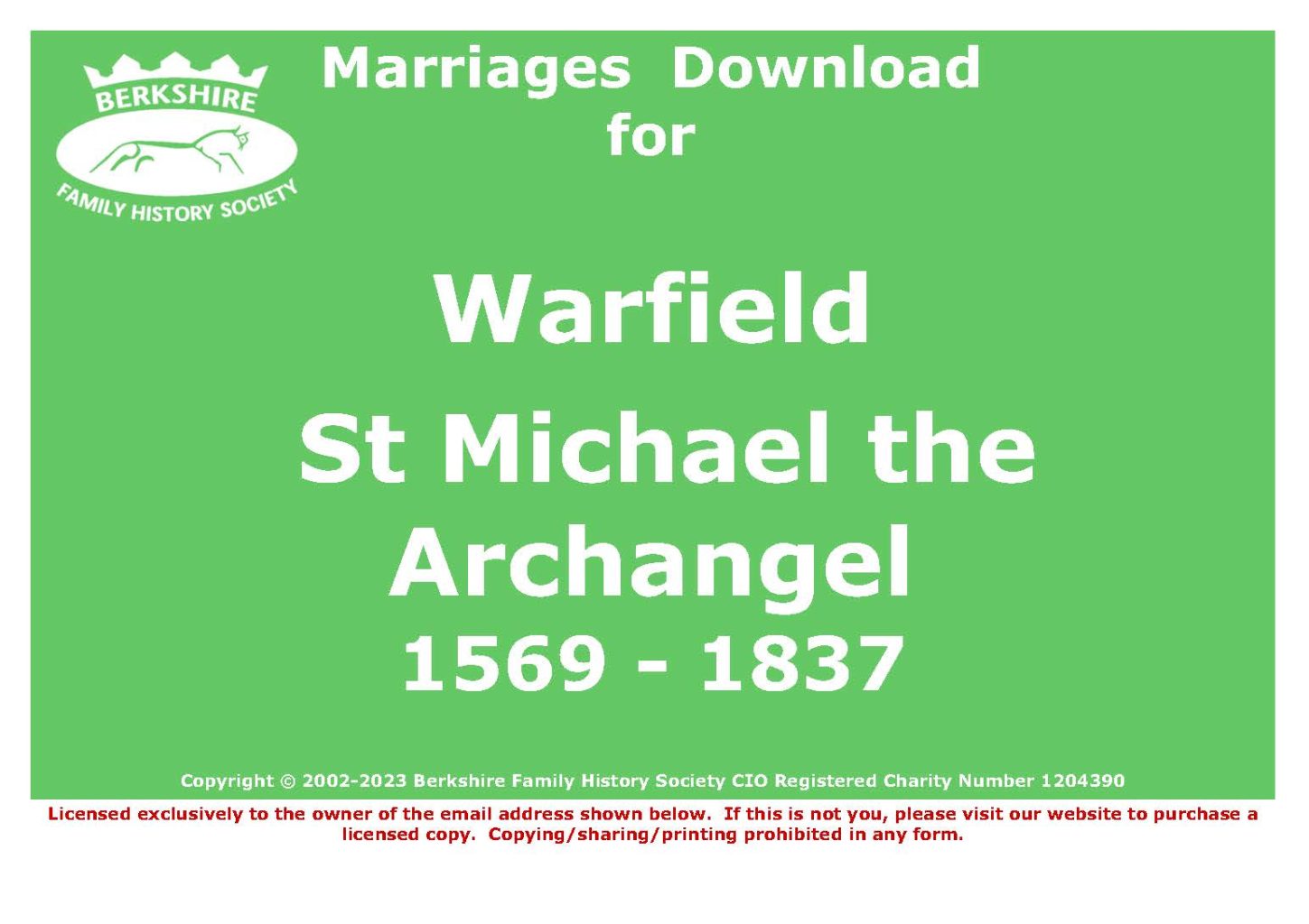 Warfield St Michael the Archangel Marriages 1569-1837 (Download) D1451 ...